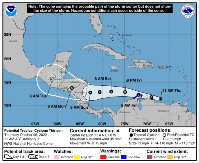 Tropical Cyclone 13 in the South-central Caribbean taking aim at the ...